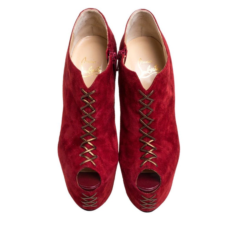 Christian Louboutin Red Suede Recouzetta Peep Toe Platform Ankle Boots ...