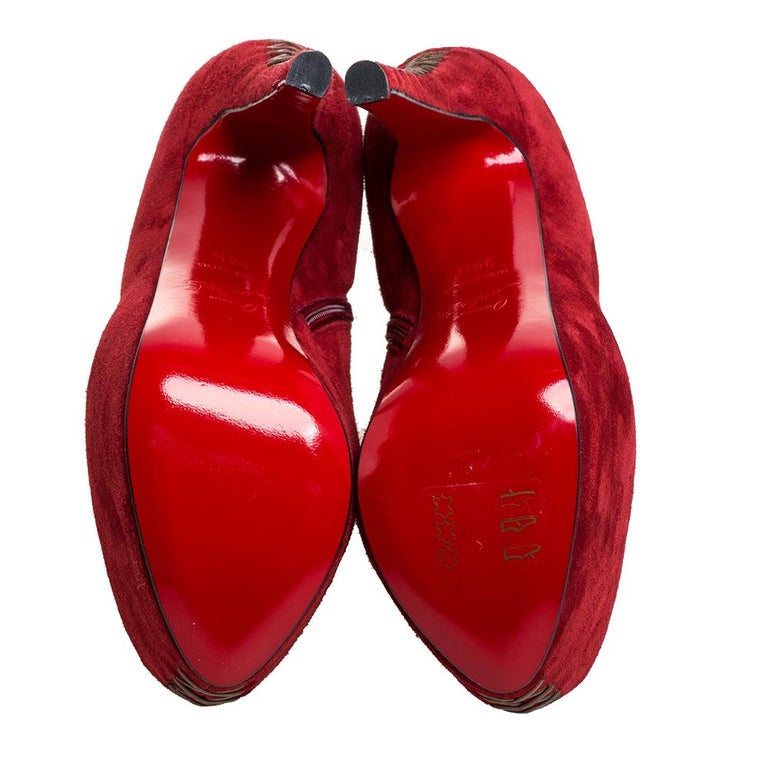 Christian Louboutin Red Suede Recouzetta Peep Toe Platform Ankle Boots ...