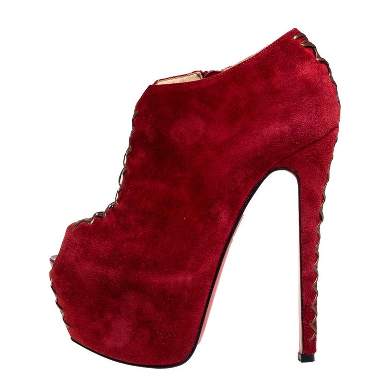 Christian Louboutin Red Suede Recouzetta Peep Toe Platform Ankle Boots ...