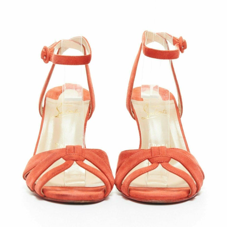 CHRISTIAN LOUBOUTIN red suede strappy ankle strap curved mid heel ...