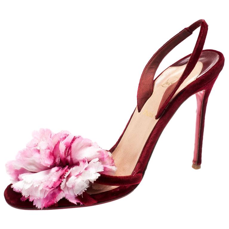 Christian Louboutin Red Velvet Flower Detail Slingback Sandals Size 38. ...