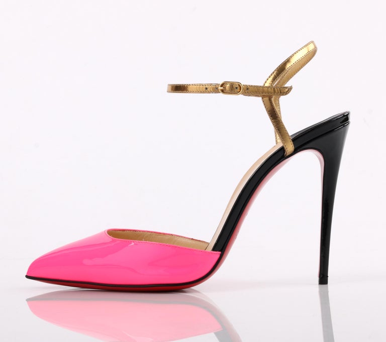 CHRISTIAN LOUBOUTIN "Rivierina" Neon Pink Tri-Color Leather Ankle Strap ...
