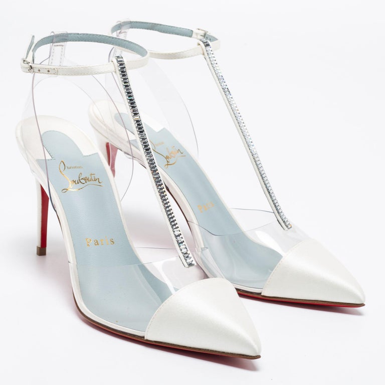 Christian Louboutin Satin And PVC Crystal Nosy Strass T-Strap Sandals ...