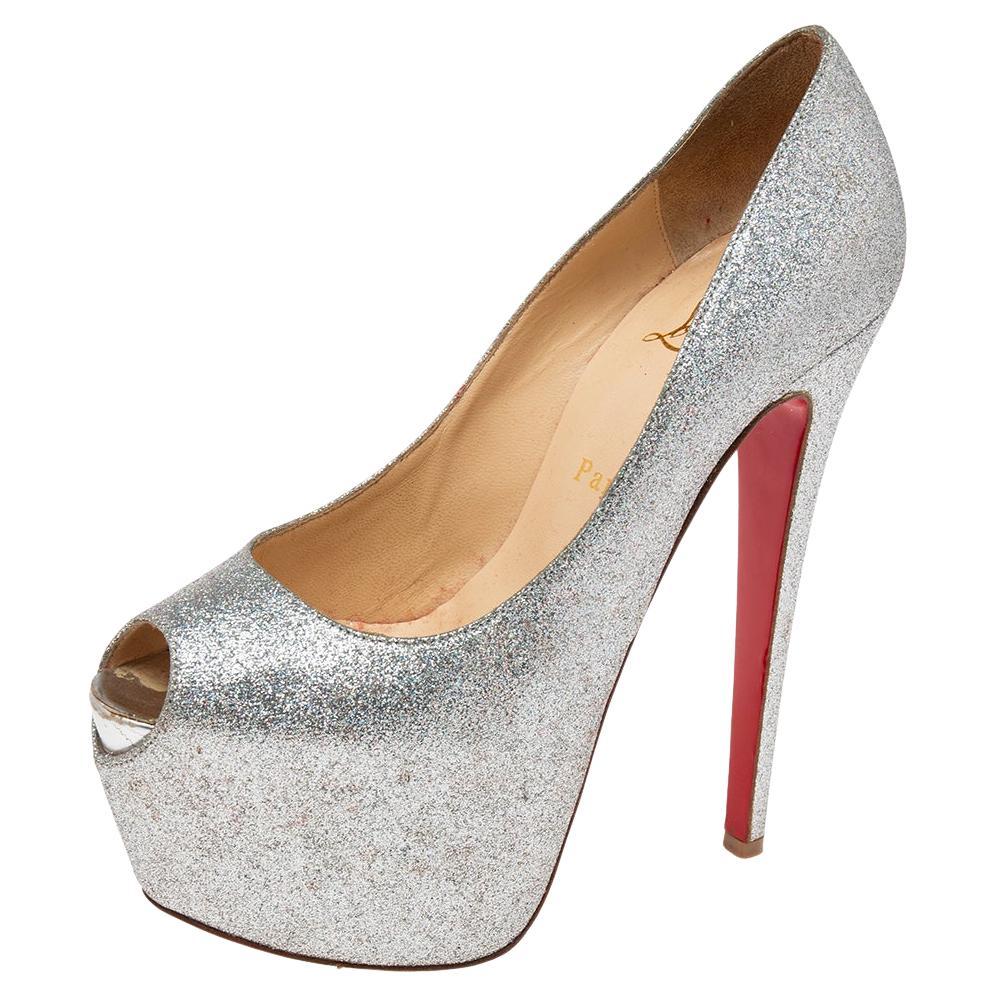 Christian Louboutin Silver Glitter Daffodile Platform Pumps Size 38 For ...