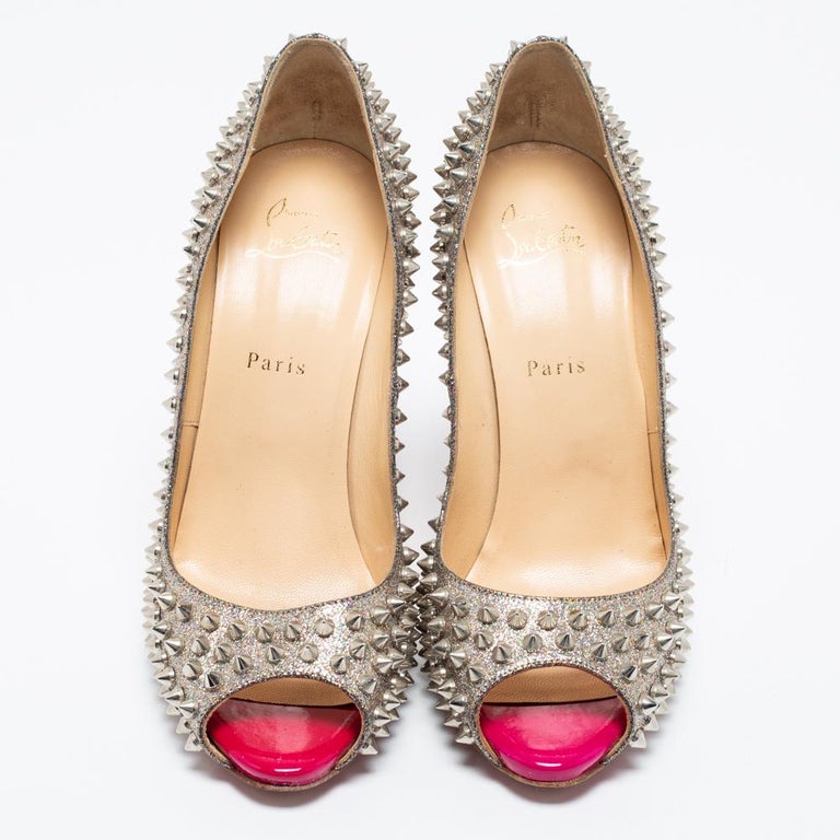 Christian Louboutin Silver Glitter Spike Embellished Peep Toe Pumps