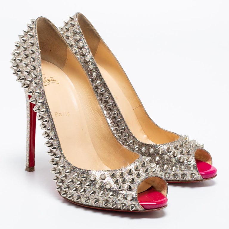 Christian Louboutin Silver Glitter Spike Embellished Peep Toe Pumps ...