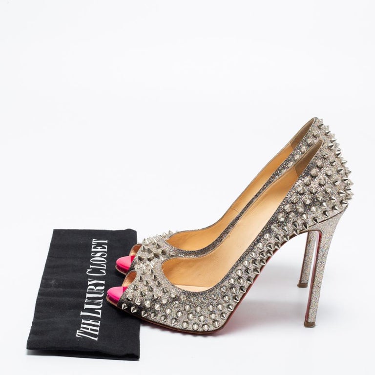 Christian Louboutin Silver Glitter Spike Embellished Peep Toe Pumps ...