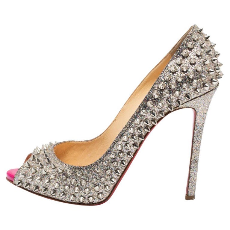 Christian Louboutin Silver Glitter Spike Embellished Peep Toe Pumps ...