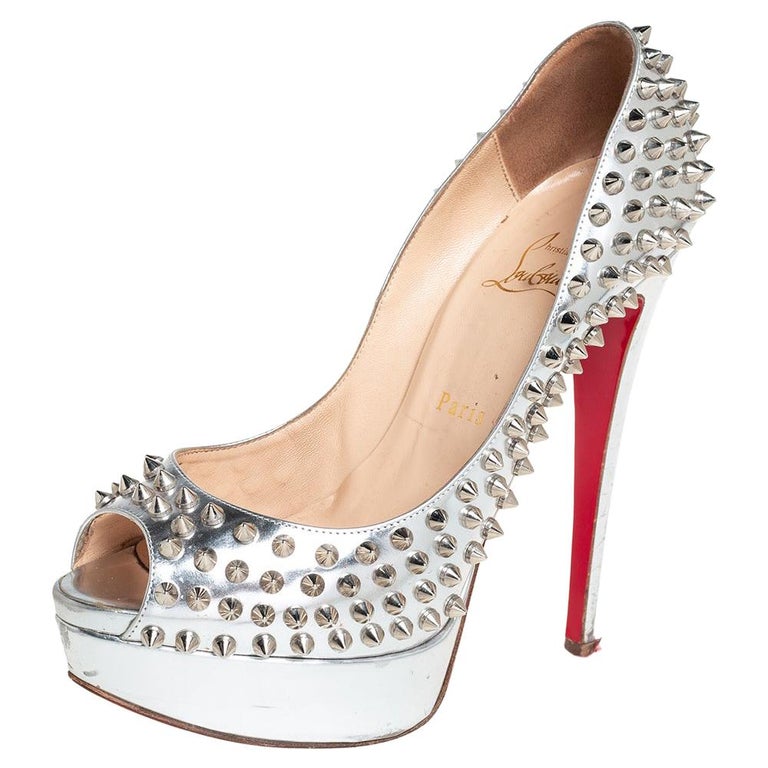 Christian Louboutin Silver Leather Lady Peep Toe Spikes Pumps Size 38 ...