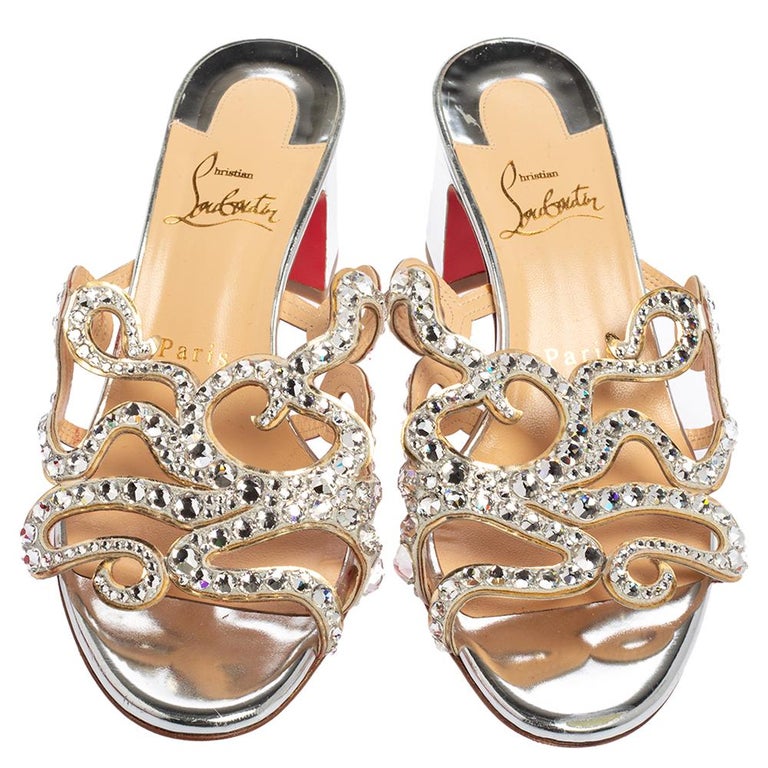Christian Louboutin Silver Octostrass Crystal Embellished Slide Sandals ...