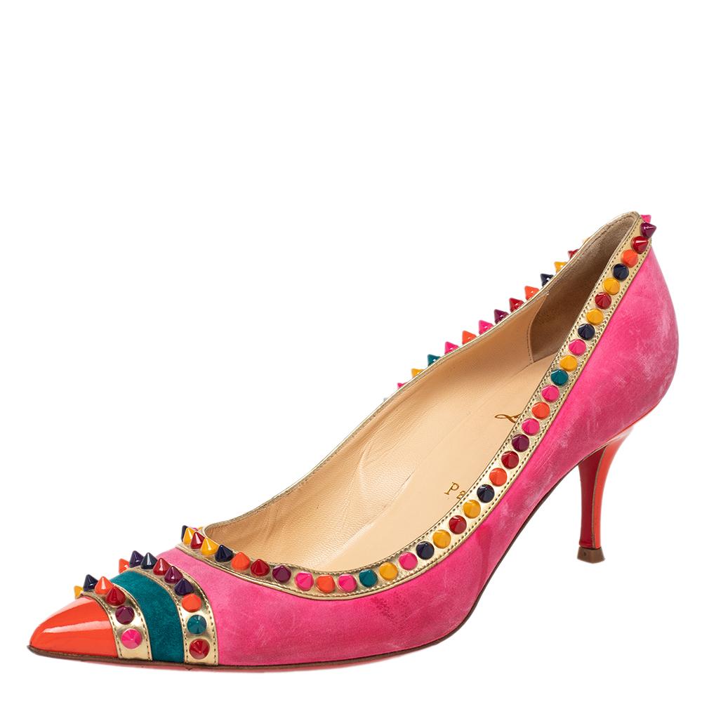 CHRISTIAN LOUBOUTIN "Rivierina" Neon Pink Tri-Color Leather Ankle Strap ...