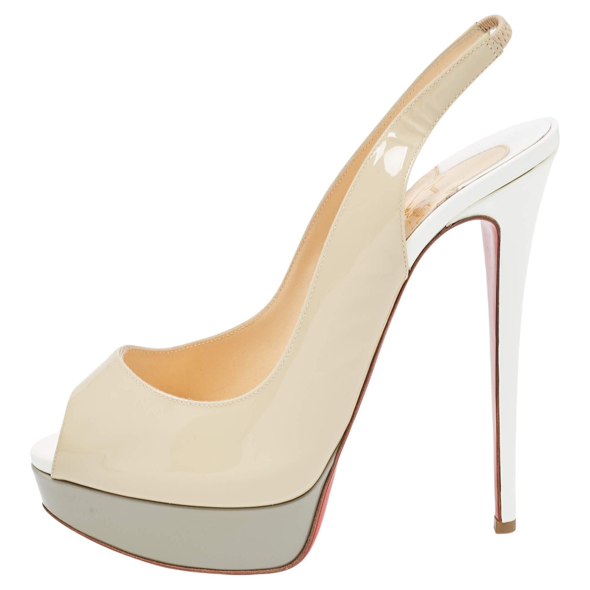 CHRISTIAN LOUBOUTIN Air Chance 70 blue patent beige PVC slingback heels ...