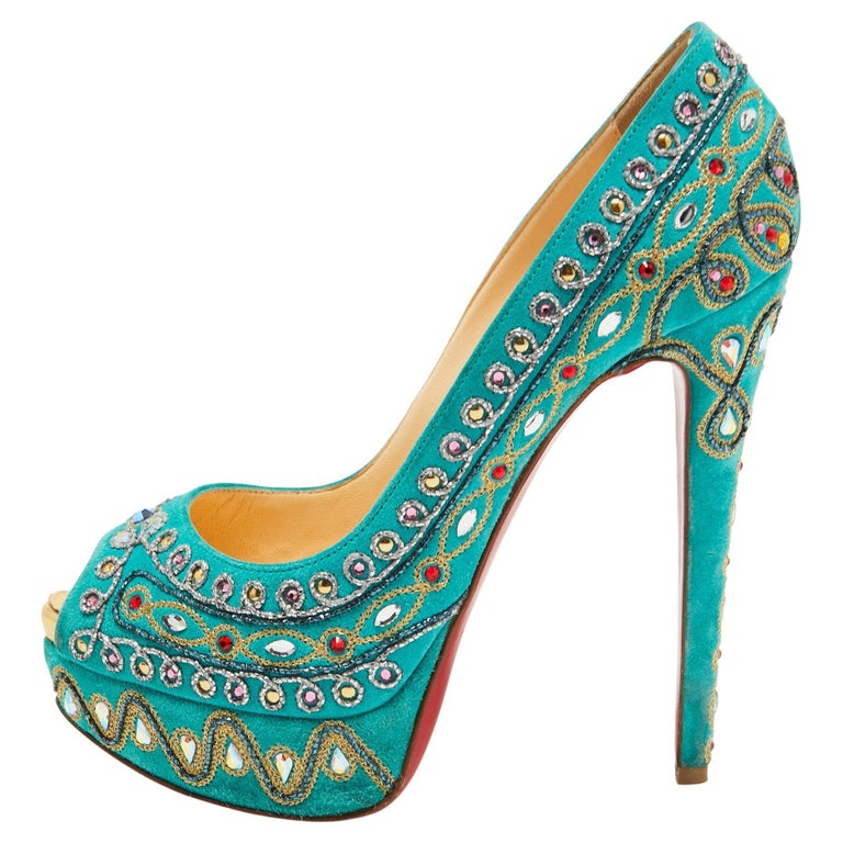 Christian Louboutin Turquoise Embellished Suede Lady Peep Pumps Size 37 ...