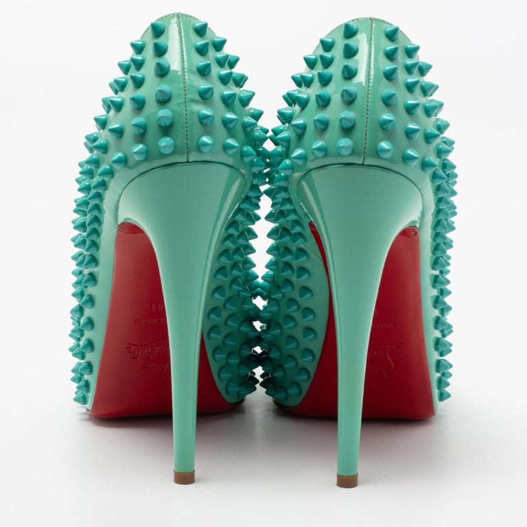 Christian Louboutin Turquoise Patent Leather Very Prive Spikes Peep-Toe ...