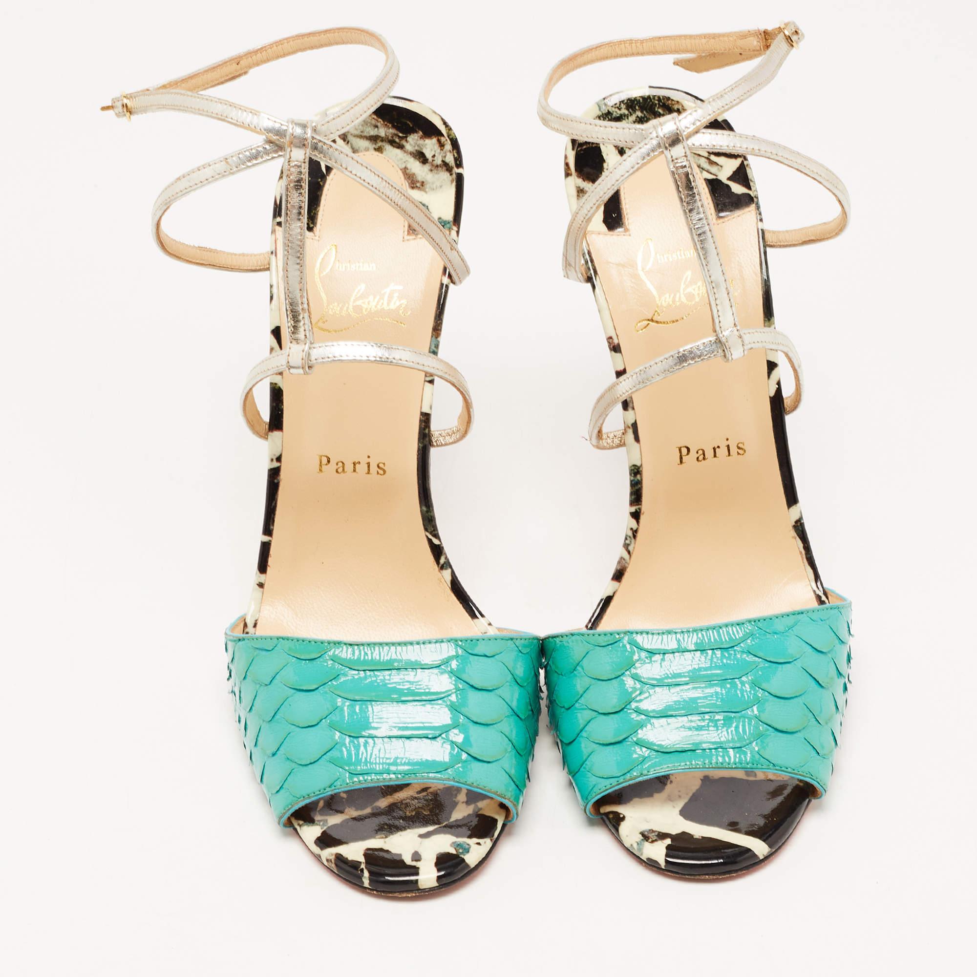 Christian Louboutin Turquoise/Silver Python and Leather Ankle Strap ...