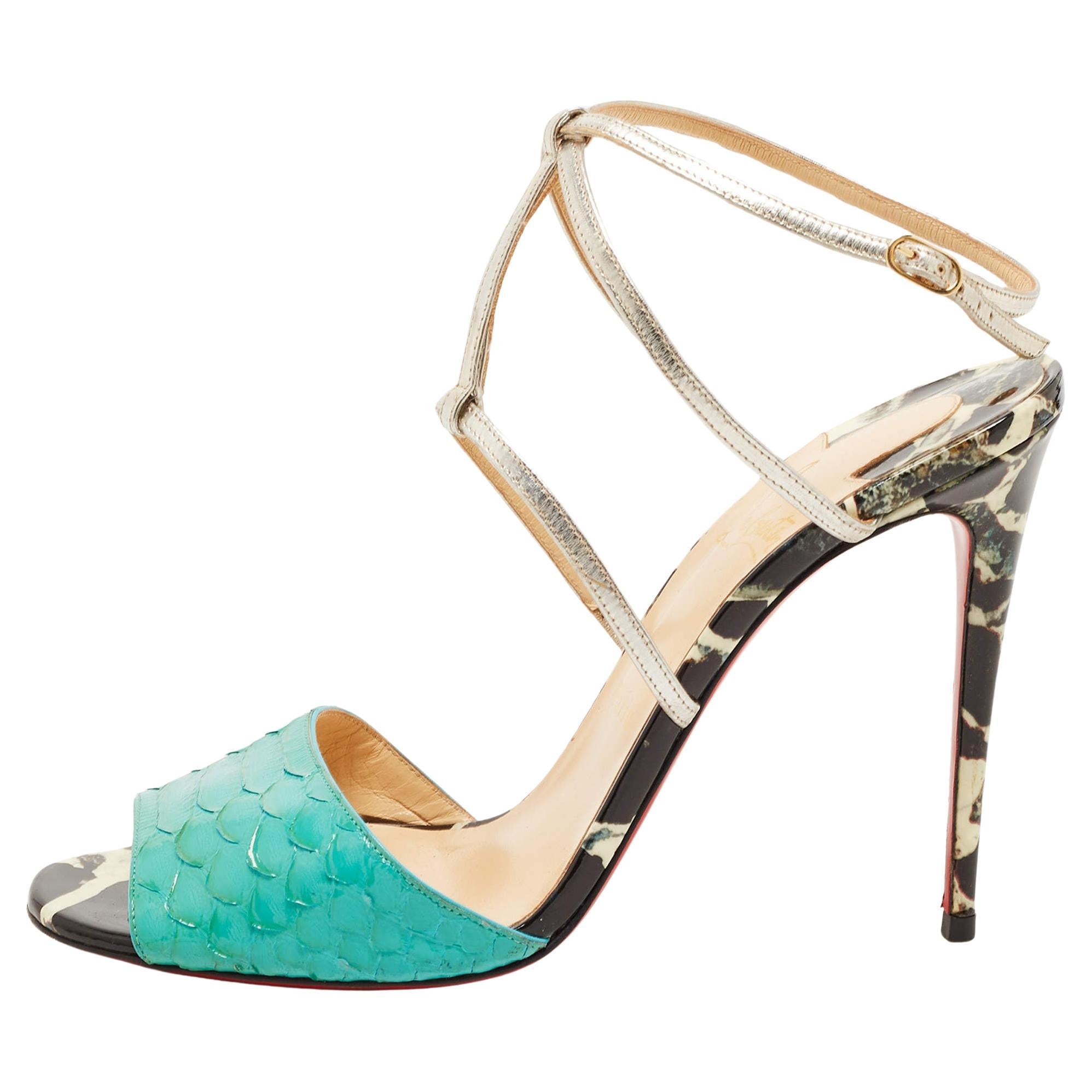 Christian Louboutin Turquoise/Silver Python and Leather Ankle Strap ...