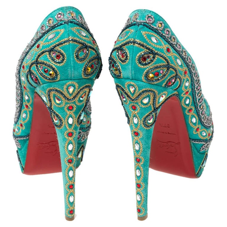 Christian Louboutin Turquoise Suede Crystal Peep Toe Platform Pumps ...