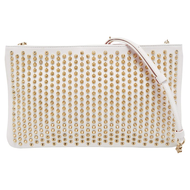 Christian Louboutin White/Gold Leather Spikes Loubiposh Chain Clutch ...