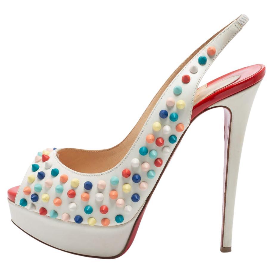 Christian Louboutin White Leather Lady Peep Multicolor Spikes Pumps ...