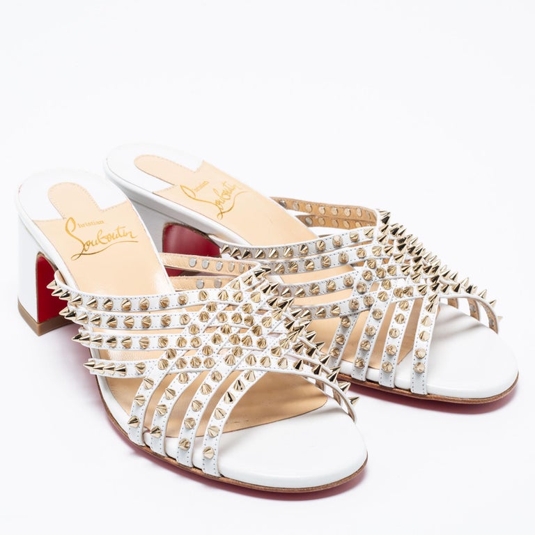 Christian Louboutin White Leather Marthaspike 55 Slide Sandals Size 34. ...