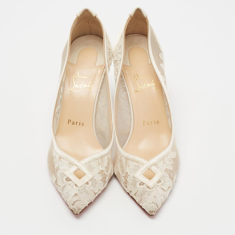 Christian Louboutin White Satin And Lace Neoalto Pointed Toe Pumps Size ...