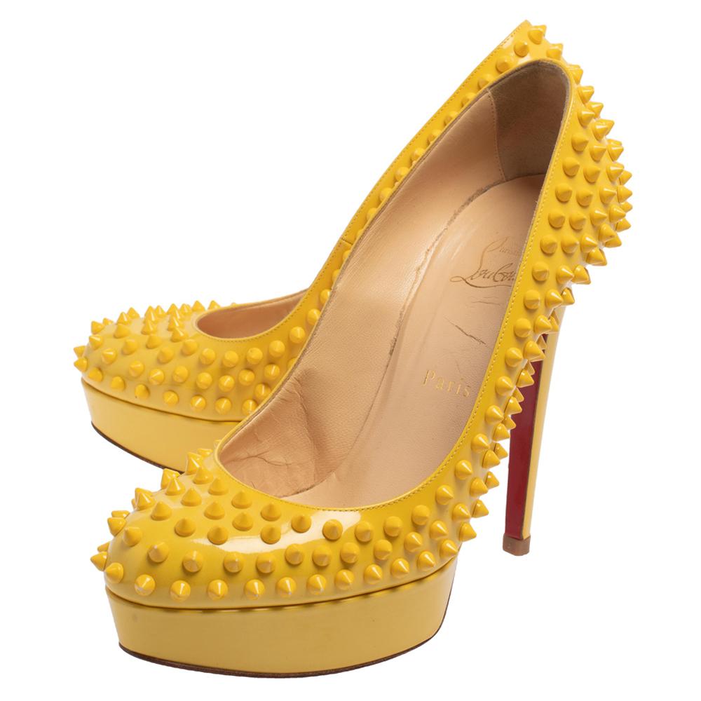 Christian Louboutin Yellow Patent Leather Bianca Spike Platform Pumps ...