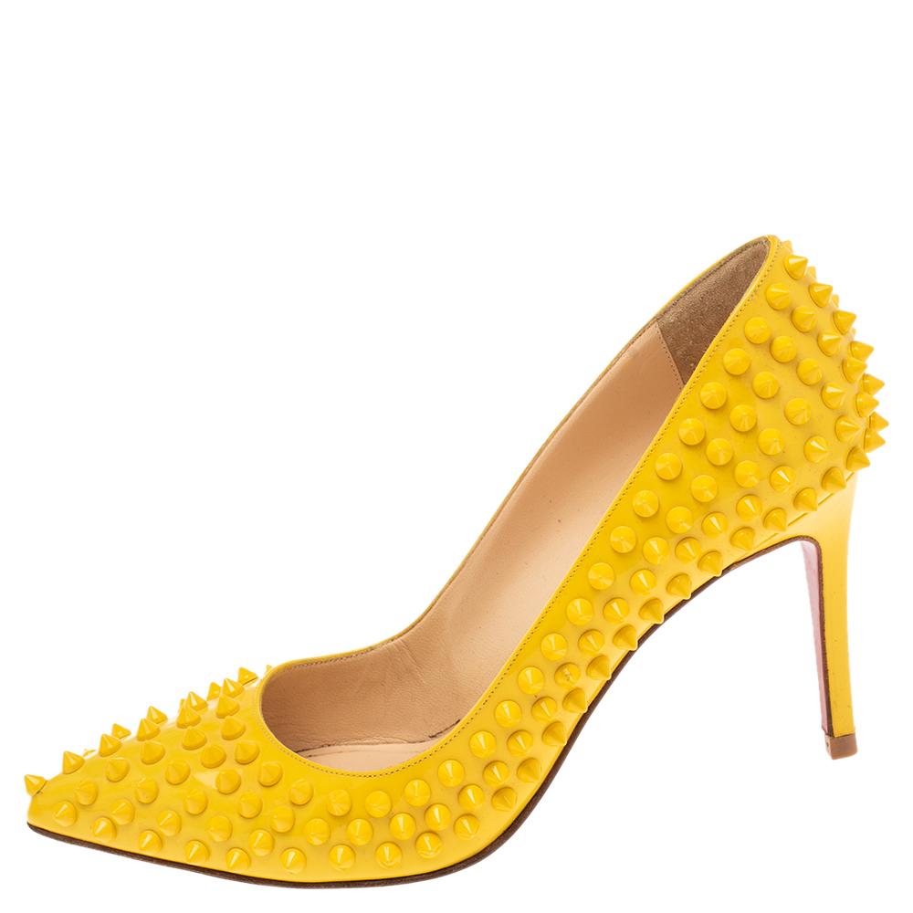 Christian Louboutin Yellow Patent Leather Pigalle Spikes Pumps Size 37. ...