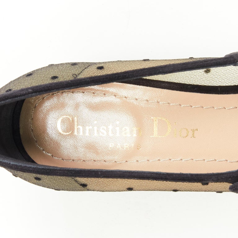 CHRISTINA DIOR Baby D gold logo strap nude mesh polka dot maryjane pump ...