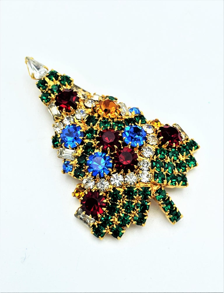 Christmas tree brooch by Eisenberg USA , rhinestones prong set,gold ...