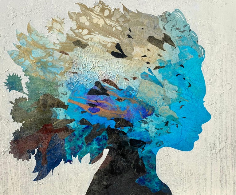 Christopher Peter - "Blue Bloom" Mixed media female silhouette in blue ...
