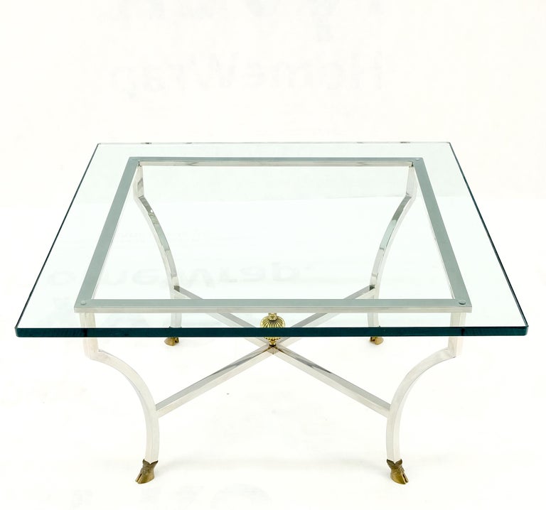 Chrome Glass Brass Finial Base Hoof Feet Square Coffee Center Table ...
