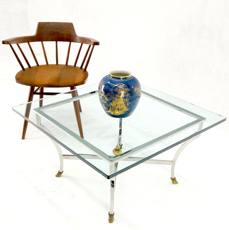 Chrome Glass Brass Finial Base Hoof Feet Square Coffee Center Table ...