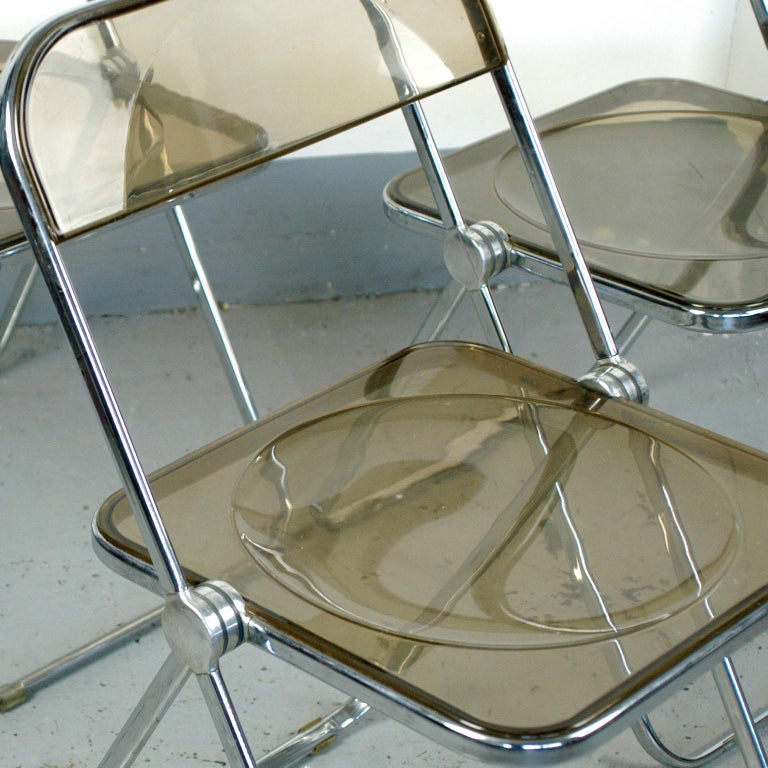 Chrome and Smoked Grey Lucite Plia Folding Chairs by G. Piretti for ...