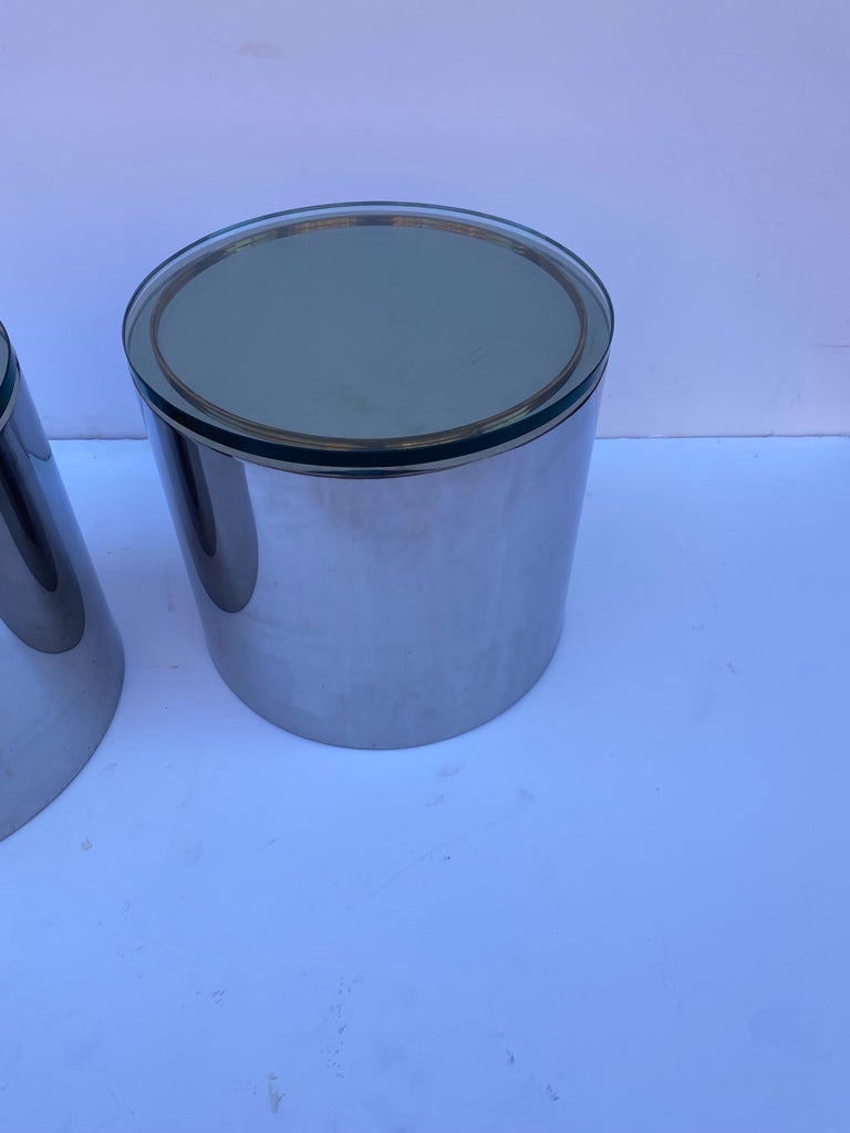 Chrome, Brass and Glass Drum Tables / Pair For Sale at 1stDibs