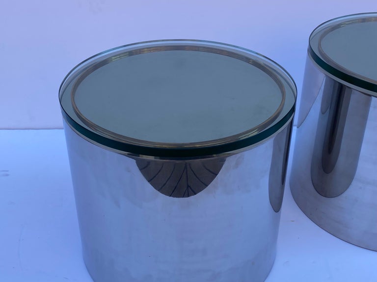Chrome, Brass and Glass Drum Tables / Pair For Sale at 1stDibs
