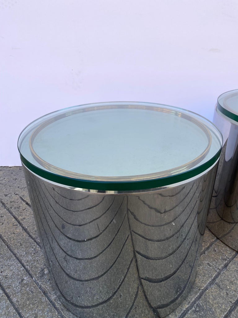 Chrome, Brass and Glass Drum Tables / Pair For Sale at 1stDibs
