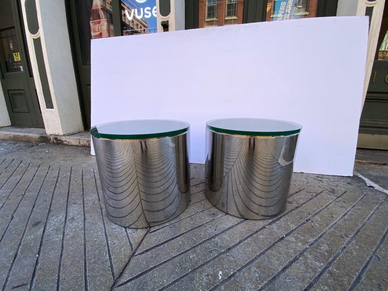 Chrome, Brass and Glass Drum Tables / Pair For Sale at 1stDibs