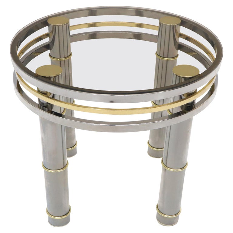 Chrome Brass Smoked Glass Round Side Table Stand For Sale at 1stDibs