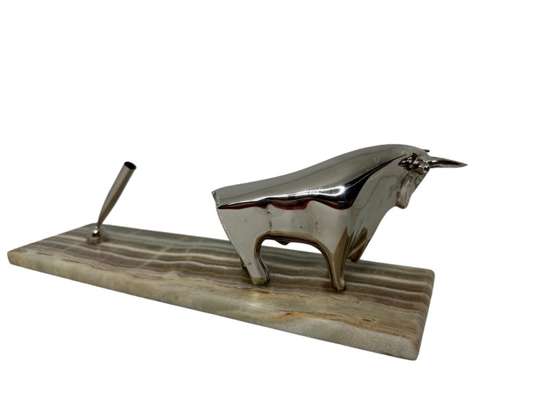 Chrome Bull and Pen Holder Statue Decorative Desk Accessory, Italy ...