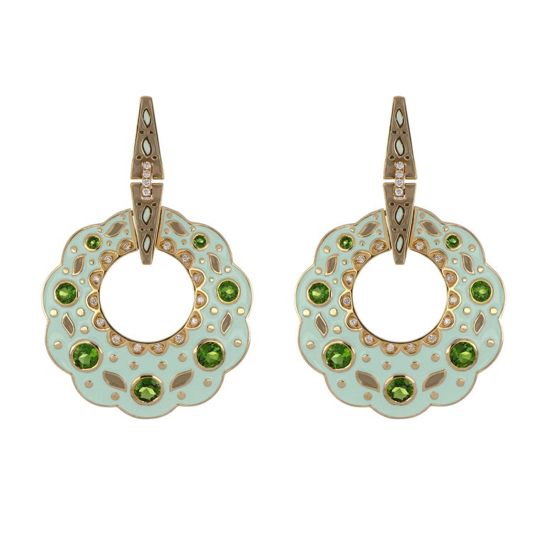 Chrome Diopside and Diamond Studded Enamel Earrings in 14 Karat Gold ...