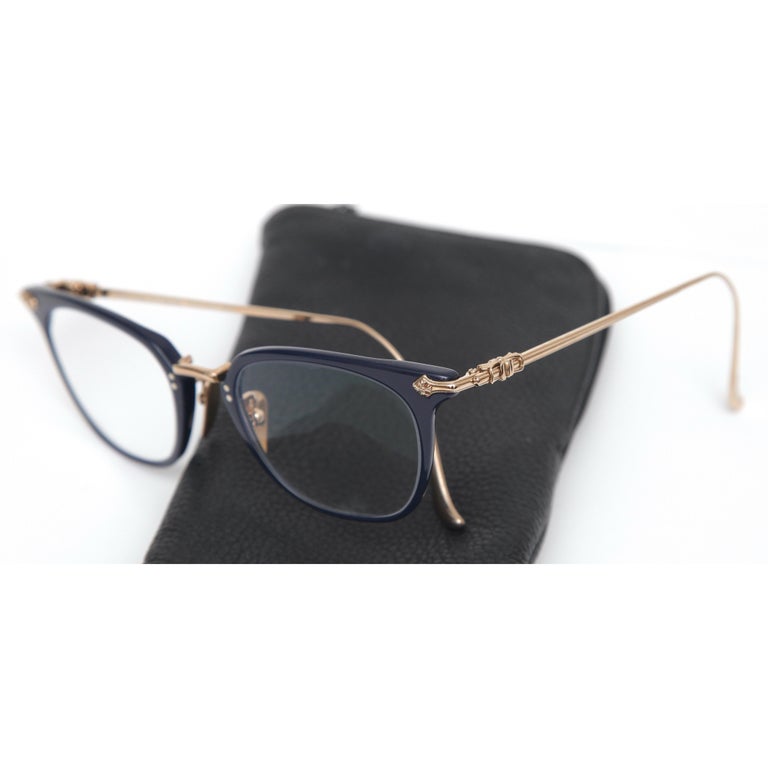 CHROME HEARTS Eyeglass Frames Navy Blue SHAGASS Gold Arms JEJE SPOT ...