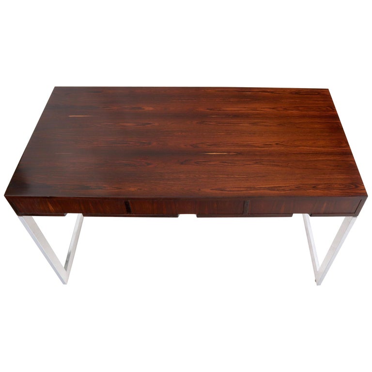 Chrome and Rosewood Low Profile 3-Drawer Console Desk Attributed to ...