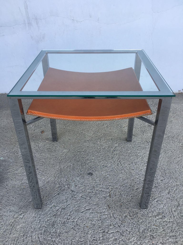 Chrome Tubular Glass Top Side Table with Leather Wrapped Magazine Rack ...