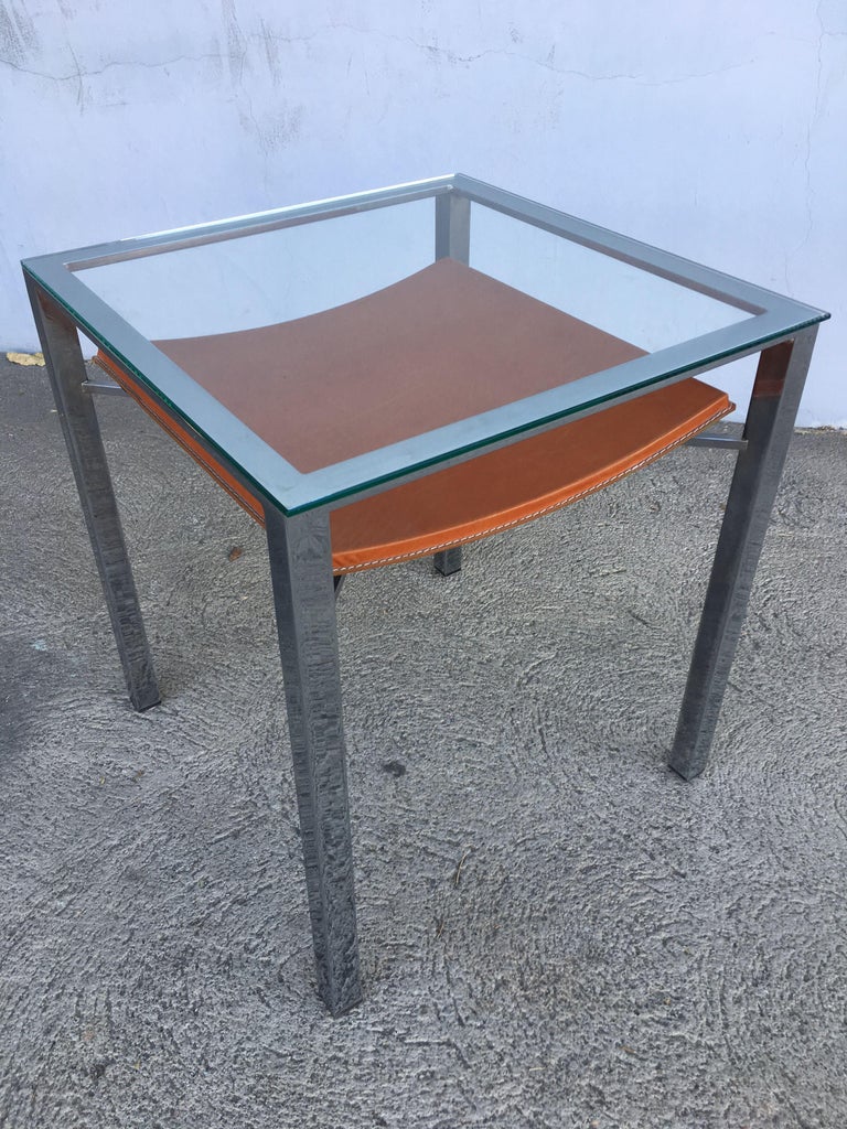 Chrome Tubular Glass Top Side Table with Leather Wrapped Magazine Rack ...