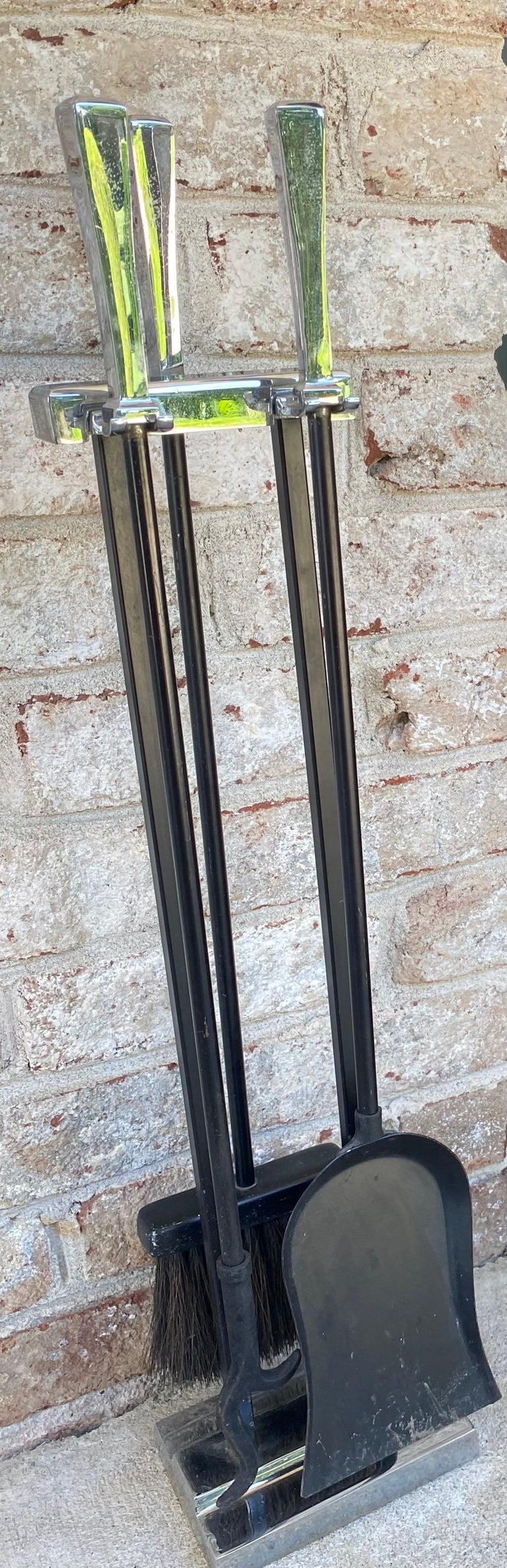 Chromed Handled and Iron Modern Fireplace Tool Set For Sale at 1stDibs