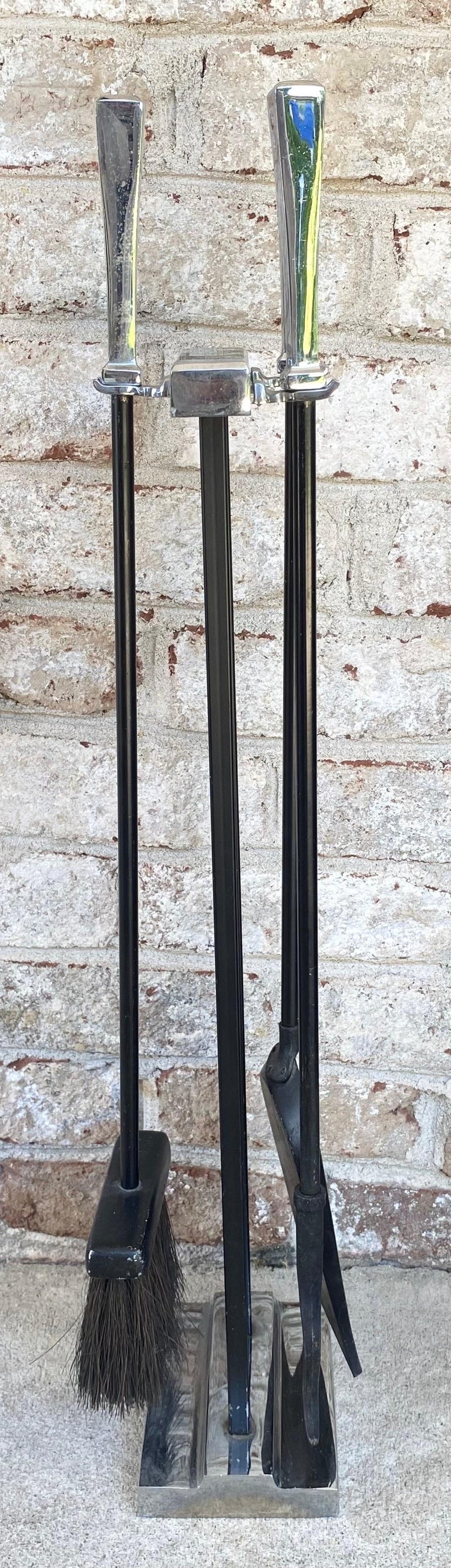 Chromed Handled and Iron Modern Fireplace Tool Set For Sale at 1stDibs