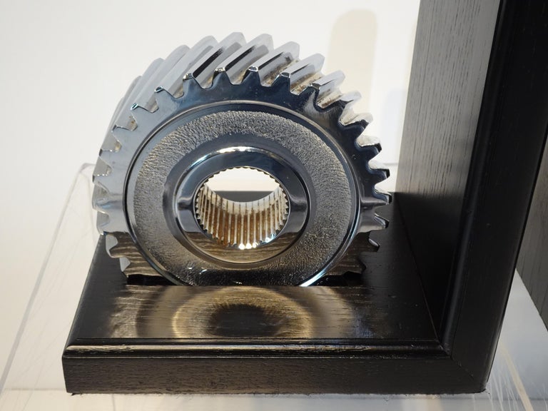 Chromed Industrial Gear / Wood Bookends For Sale at 1stDibs