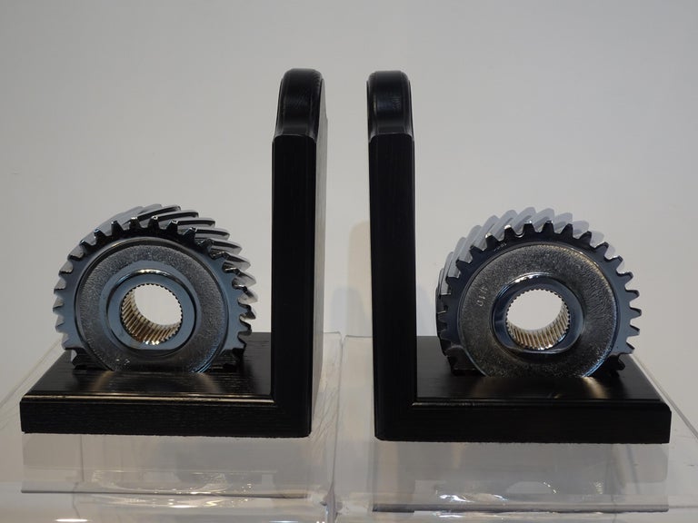 Chromed Industrial Gear / Wood Bookends For Sale at 1stDibs
