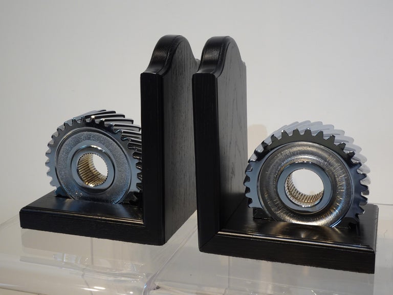 Chromed Industrial Gear / Wood Bookends For Sale at 1stDibs