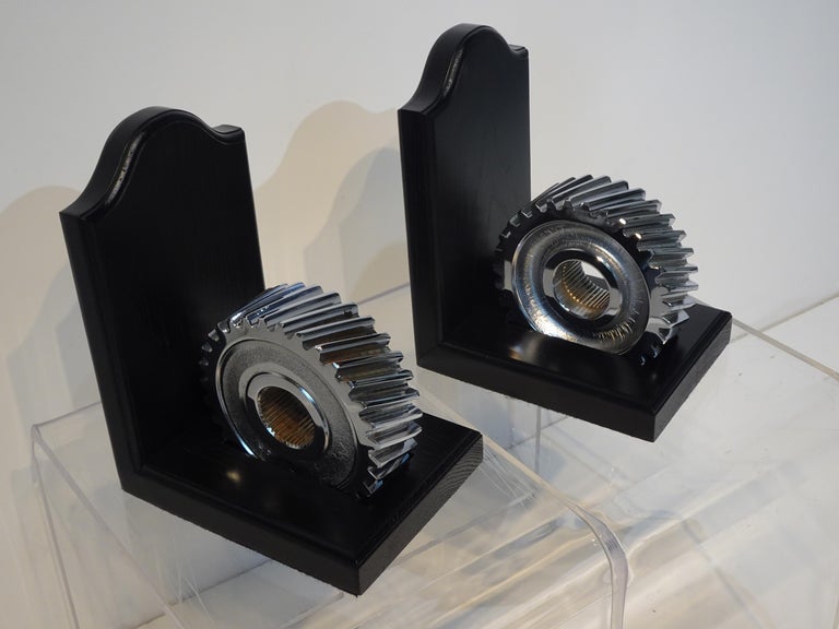Chromed Industrial Gear / Wood Bookends For Sale at 1stDibs